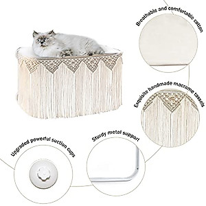 Mkono Macrame Cat Window Perch Hammock for Indoor Cats Boho Cat Window Bed with Woven Tassle Lower Iron Support Sunbathing Pet Resting Seat Safely Space Saving Swing Shelf Kitty Gift Idea