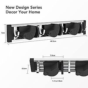 KINGTOP Broom Mop Holder Wall Mount Sturdy Space Aluminum Broom Organizer Rack with Hooks Great for Home Pantry, Kitchen, Garden,Garage & Laundry Tool Storage (3 Racks 4 Hooks Black)