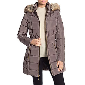 LAUNDRY BY SHELLI SEGAL Women's 3/4 Length Windproof Down Coat with Cinched Waist, Warm Taupe, Small