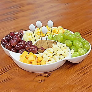 MyGift Decorative White Ceramic Charcuterie Platter Appetizer Olive Bowl Serving Tray with Food Picks and Wood Holder