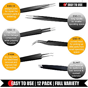 Antonki 12 Pack Tweezers, Precision Tweezers Set, Craft Tweezer Kit, Soldering Tweezers, Jewelry Tweezers, Pointed Ingrown Hair Tweezers, Eyelash Extension Tweezers, Eyebrow Tweezers - with Case