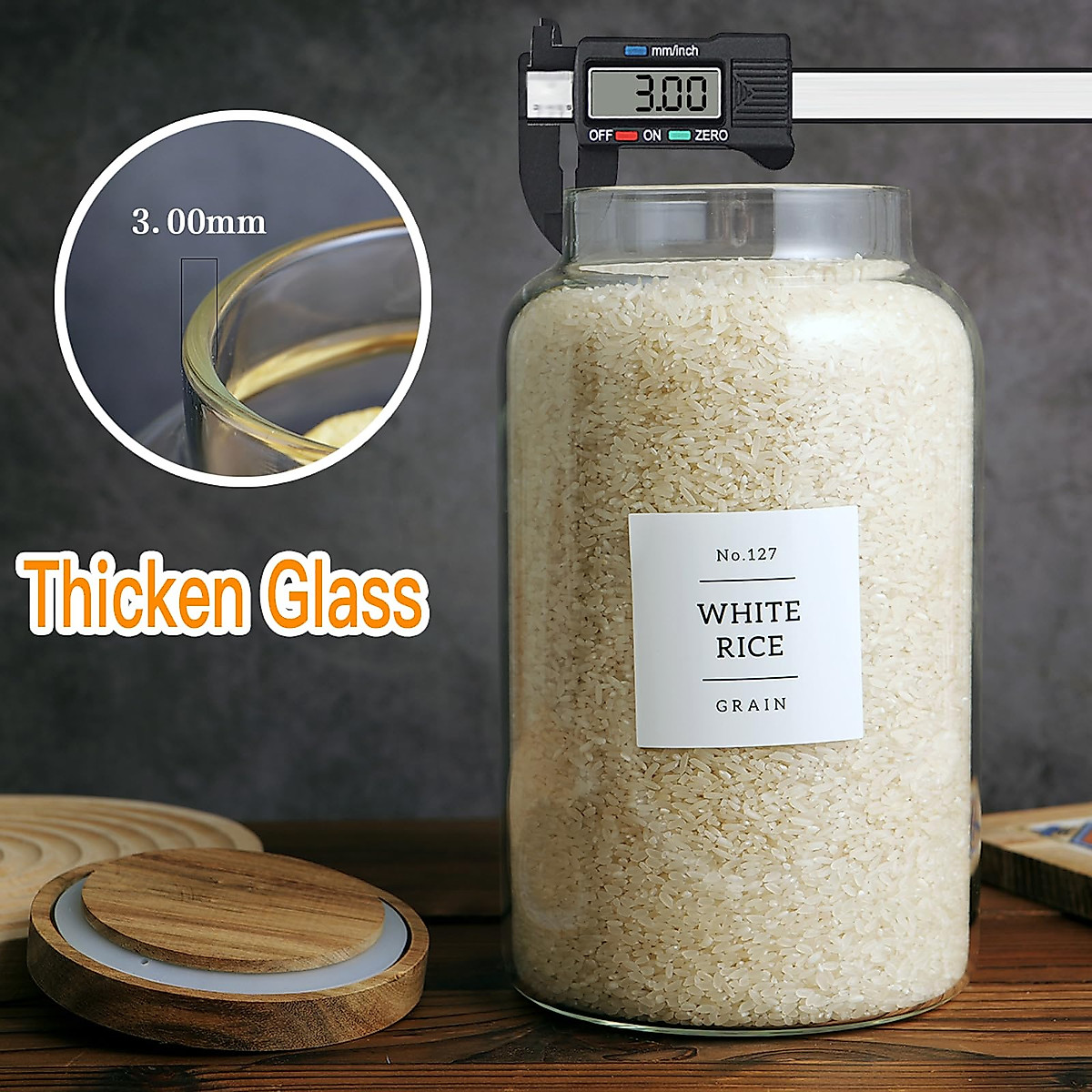 CZHQSMZ Set of 2 Large Glass Jar with Airtight Acacia Lid and 132 Kitchen Pantry Labels, Clear Glass Food Storage Jars Containers for Rice Flour Pasta Sugar Coffee Cookie and More(98 Fl Oz/2800 Ml)