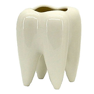 MONMOB Ceramic Tooth Shaped Pen Pencil Toothbrush Holder Pot Succulent Plant Pot Home Office School Dentists Gift (3.9")