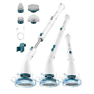HiCOZY Electric Spin Scrubber HS1, Cordless Shower Scrubber for Cleaning with 4 Replaceable Brush Heads Adjustable Extension Handle, IPX7 Waterproof Cleaning Brush for Bathroom Floor Dark Green