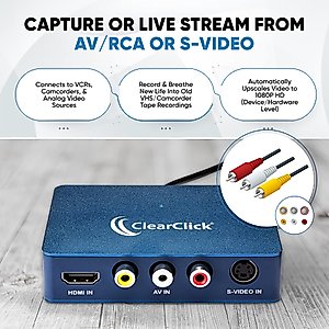 ClearClick Video to USB 1080P Audio Video Capture & Live Streaming Device - Input HDMI, AV, RCA, S-Video, VCR, VHS, Camcorder, Video8, Hi8, DVD, Gaming Systems - USB-C Plug & Play