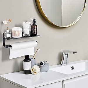 Sumnacon 13 Inch Aluminum Paper Towel Holder with Shelf - Wall Mounted Tissue Holder with Screws, Decorative Hand Towel Bar with Storage Organizer Shelf for Office, Bedroom, Bathroom, Kitchen,Black