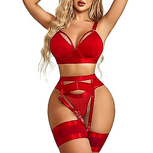 Avidlove Womens Lingerie Push Up Lingerie for Women Underwire Lingerie Set with Garter Belt(Red,XL)