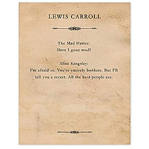 Lewis Carroll Alice in Wonderland Mad Hatter Quote Print, 1 (11x14) Unframed Typography Book Page Photos, Wall Art Decor Gifts Under 15 for Home Office Man Cave School Student Teacher Literary Fan