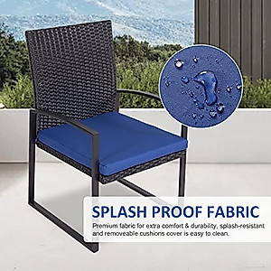 J-SUN-7 5-Piece Patio Furniture Conversation Set PE Rattan All Weather Cushioned Chairs Bistro Set with Ottoman and Glass Coffee Side Table for Balcony Porch, Dark Blue