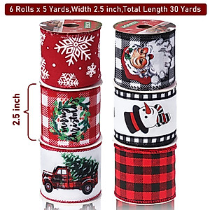 Vloso Christmas Ribbon Wired 2.5 Inch,6 Roll 30 Yards Christmas Wired Ribbon,Incl. Santa/Snowman/Snowflake/Christmas Buffalo Plaid Ribbon for Wreaths Bows Christmas Decor DIY Crafts