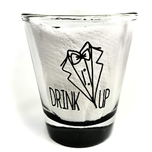 5 Groomsmen Shot Glasses (1.75 oz) & 5 Team Groom Proposal Cards as a Bachelor Party Gift Idea With Suit Up & Drink Up Text & Graphics.