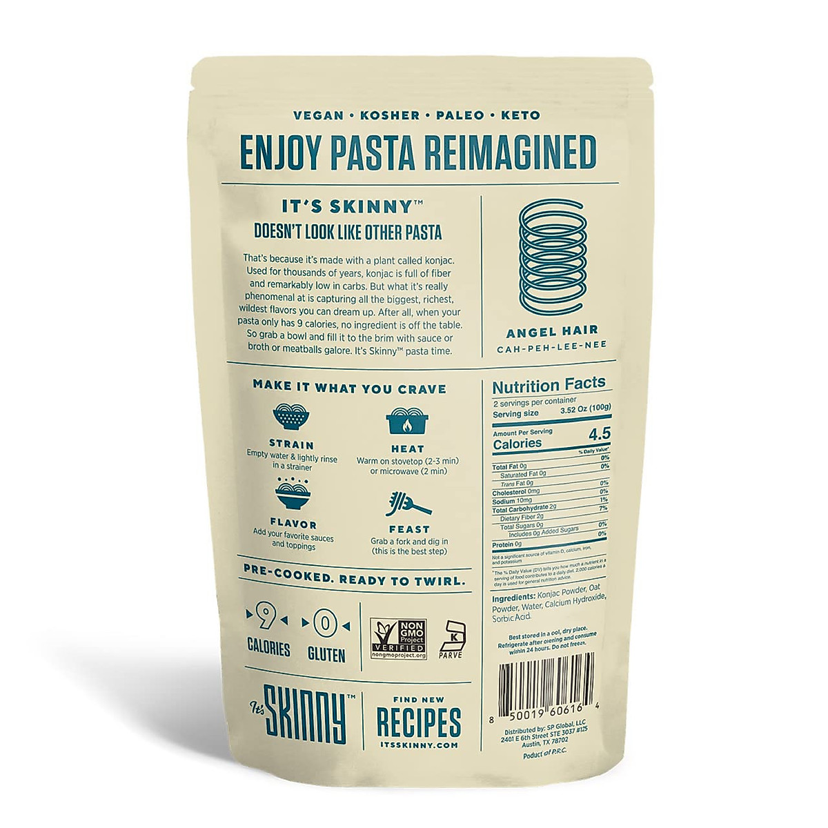 It’s Skinny Angel Hair — Healthy, Low-Carb, Low Calorie Konjac Pasta — Fully Cooked and Ready to Eat Shirataki Noodles — Keto, Gluten Free, Vegan, and Paleo-Friendly (6-Pack)