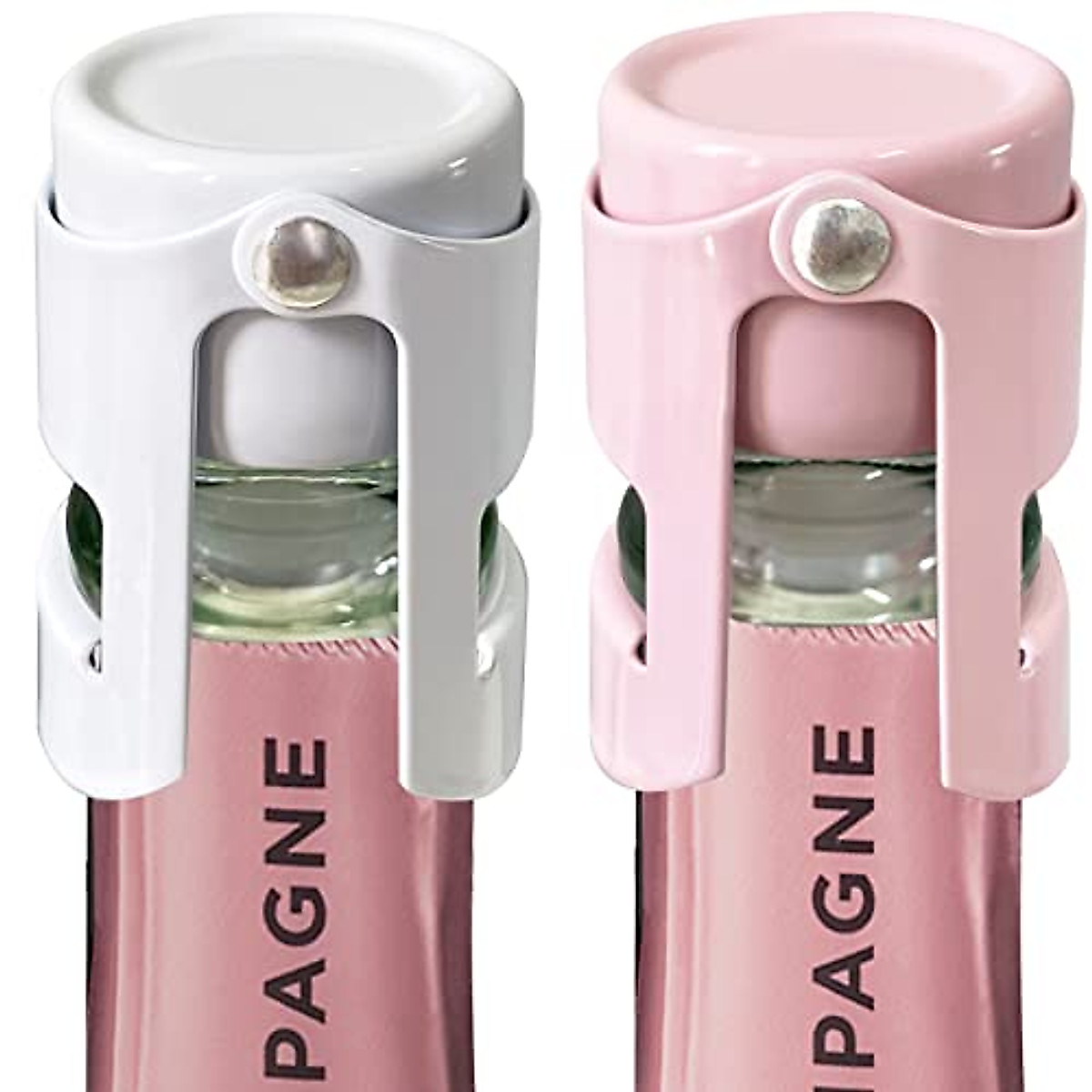 HYZ Champagne Stoppers 1*White 1*Pink, Professional Sparkling Wine Stopper for Prosecco, Cava and Bubbly, Champagne Bottle Cork, Saver, Sealer - Stainless Steel & Only Silicone Sealed