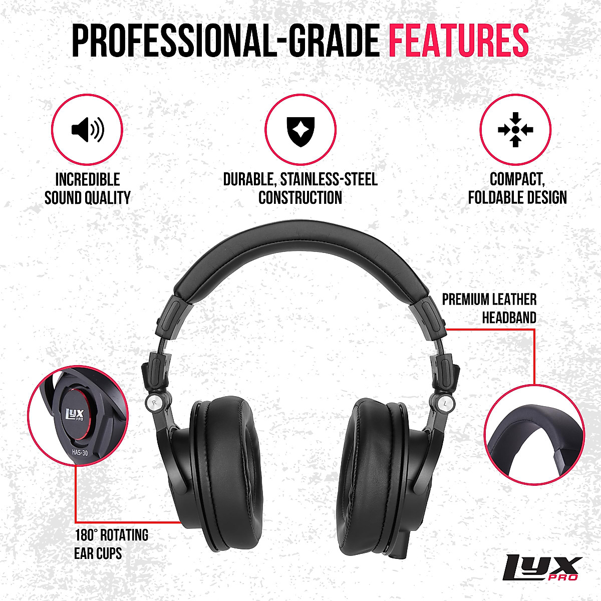 LyxPro HAS-30 Closed Back Over-Ear Professional Recording Headphones for Studio Monitoring, DJ and Home Entertainment,Black