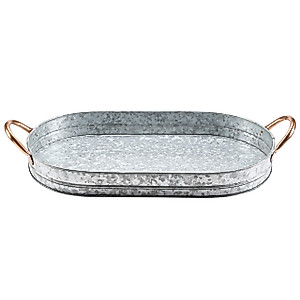 KINDWER Oval Galvanized Tray with Copper Handles, Gray, 25x12x5, (A070)