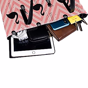 Fashion Leather Handbags Black Flamingo & Pineapple on Pink Background Tote Bag With Zipper for Beach Shopping School Work Travel Business