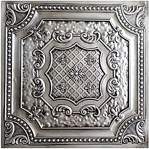 Faux Tin Glue up Drop in Ceiling Tile #TD04 Antique Silver. Pack of 10 2'X2' tiles covers 40 sq.ft. Easy to install PVC panels, great for DIY projects - antique vintage look ceiling, 3D wall paneling