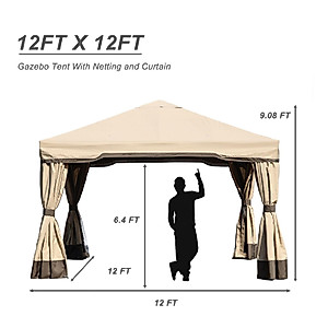 BPS 12x12 FT Outdoor Aluminum Gazebo with Privacy Curtains and Netting, Brown Canopy Shelter for Patio, Garden, Yard, Lawn