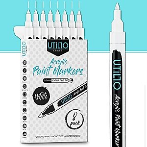 White Paint Marker (8-Pack) 0.7mm Extra Fine Tip Made in Japan | Bold Color+100% Coverage | For Rock, Wood, Glass, Paper, Fabric, Canvas, Metal and More! | White Paint Pens | White Acrylic Paint Pens