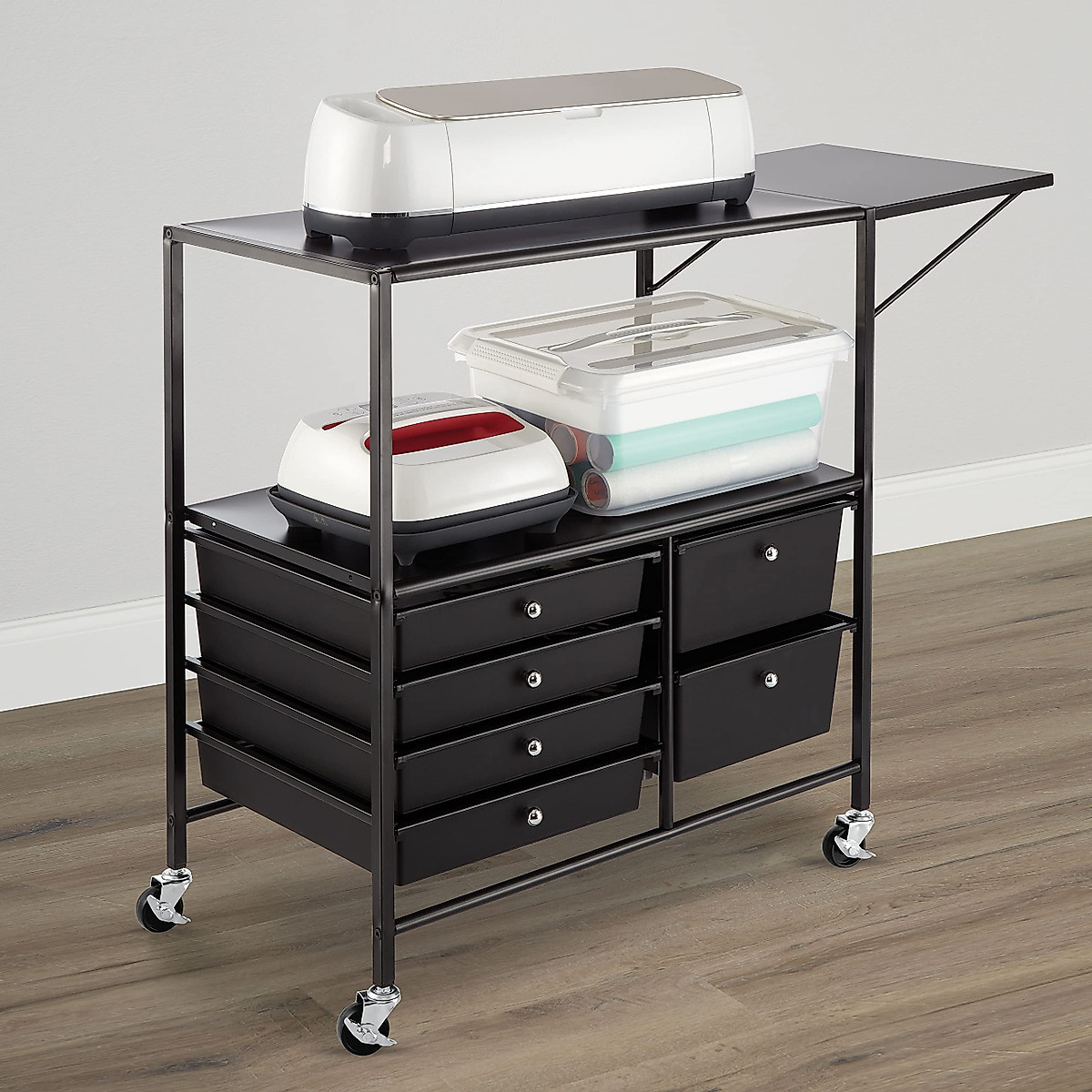 Simply Tidy Essex Black Drawers & Rolling Cart with Tray and Extendable Table Multi-Functional Storage Cart for Art & Craft Supplies - 1 Pack