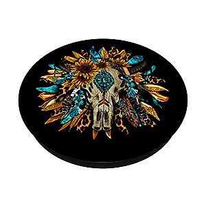 Western Boho Sunflowers Turquoise Cow Bull Skull Fun PopSockets Swappable PopGrip