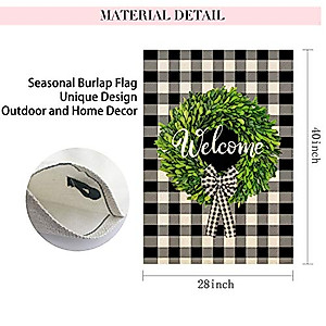 Molili Welcome Spring Boxwood Wreath Garden House Flag Burlap Vertical Double Sided Summer Buffalo Check Plaid Bow-Knot Rustic Farmhouse Flag Yard Outdoor Farm Decoration 28 x 40 Inch