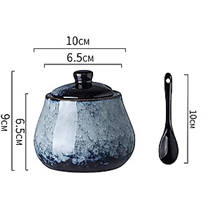 Antique Ceramic Sugar Bowl Salt Bowl with Lid and Spoon 8oz Seasoning (Grey Blue) Seasoning Can