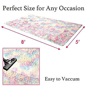 VUDECO 5x8 Large Fluffy Rainbow Rug Colorful Rug for Kids Rug Playroom Bedroom Rugs for Girls Bedroom Area Rug Living Room Rug Rainbow Carpet for Kids Girls Room Fuzzy Rug Large Fur Pink Rug Bedroom