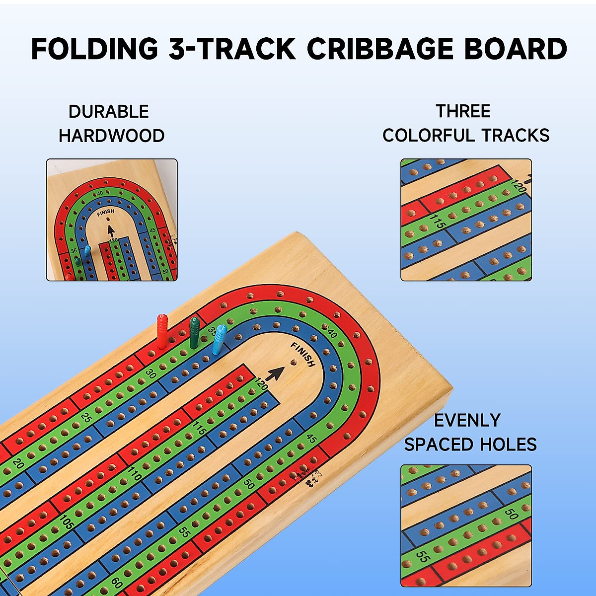 GSE Wooden Folding 3-Track Color Coded Travel Cribbage Board with 6 Plastic Pegs, Wooden Travel Portable Cribbage Board Game Set