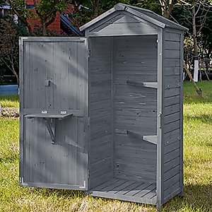 Outdoor Storage Cabinet, Garden Fir Wood Tool Shed, Outside Vertical Sheds Closet with Workstation&Waterproof Roof, Arrow Organizer Wooden Lockers for Yard, Patio, Deck and Porch