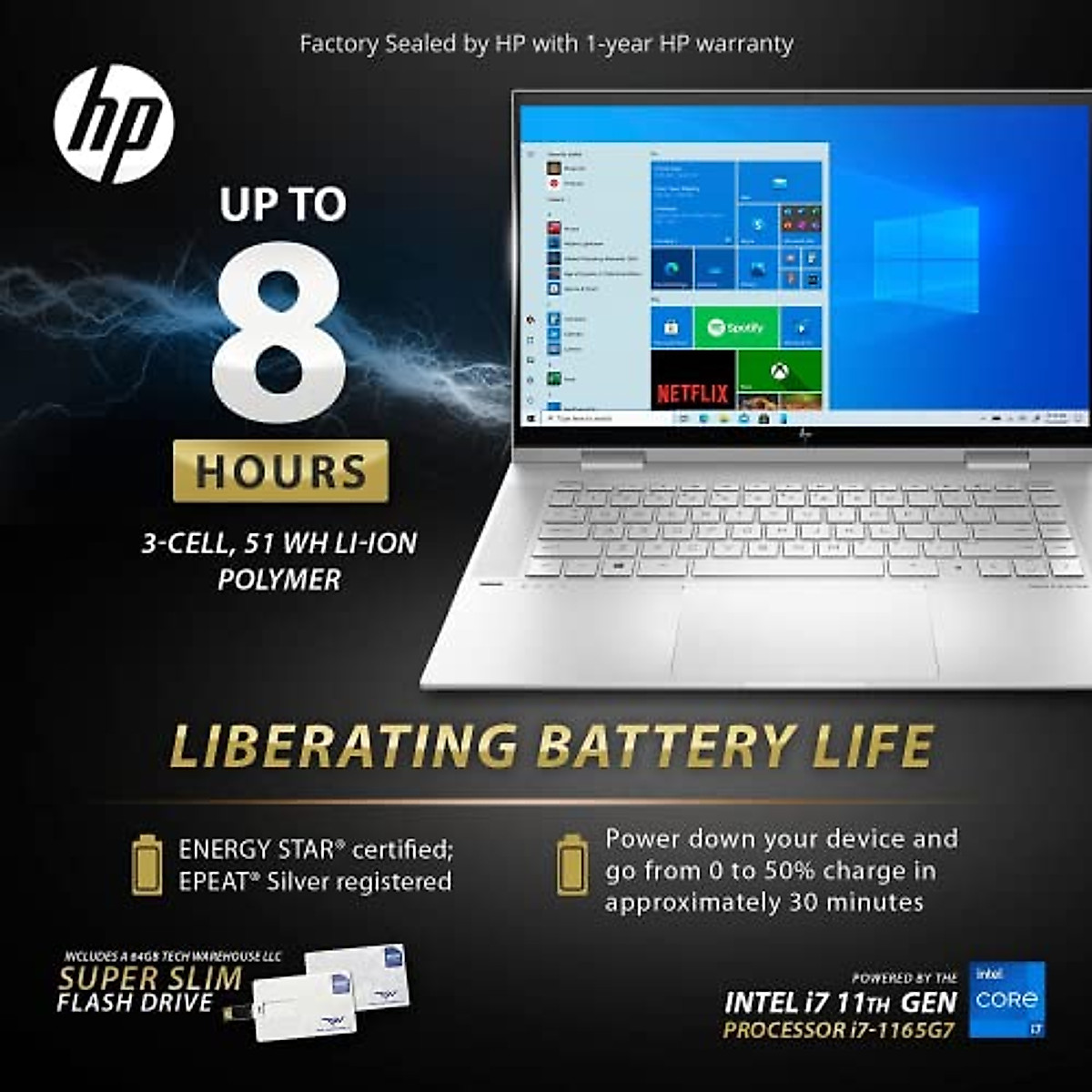 HP Envy 15T x360 Laptop i7-1165G7 11th Gen, 16 GB RAM, 1 TB SSD, 15.6" FHD Touch, Nvidia MX450 2GB, Tilt Pen, B&O Speakers, USB C, HDMI, Win 11 Pro, Silver, 64 GB Tech Warehouse Flash Drive