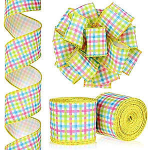 2 Roll 20 Yard Easter Spring Pastel Wired Ribbon, Gingham Ribbon Pink Blue Yellow Green Ribbon Spring Wired Ribbon for Wreaths Plaid Fabric Ribbons for Baby Shower Craft Decor (2.5 Inch)