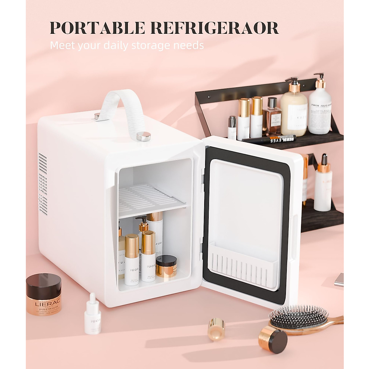 BOGDA 4L Mini Skincare Fridge with Dimmable LED Light Mirror, Cooler and Warmer Temperature Control Digital Display, Portable Cosmetic Refrigerator for Makeup, Skin Care, Bedroom Office Car, White