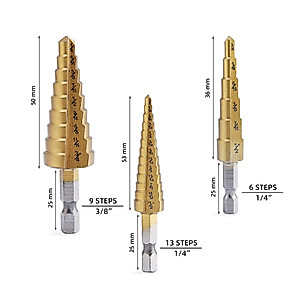 Aleric Step Drill Bit Set - Titanium Coated, High Speed Steel Drill Cone Bits for Sheet Metal Hole Drilling Cutting, HSS Multi Size Hole Stepped Up Unibit for DIY Lovers,3pcs