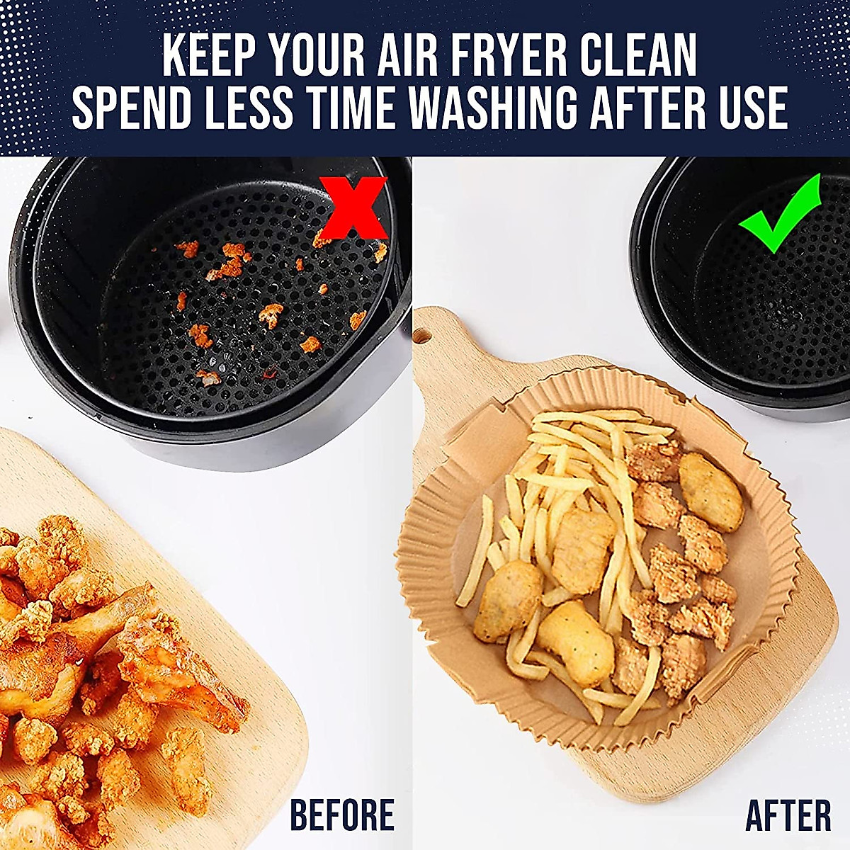 REMEDEN 100Pcs Air Fryer Disposable Paper Liner With handle Easy take out, Baking Paper for Air Fryer Water-proof, Oil-proof, Non-stick, Parchment Paper for Baking- 7.9 inch Air Fryer Liners Square