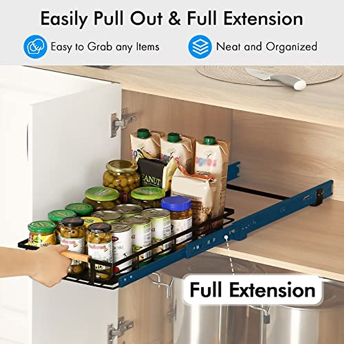 KES Pull Out Cabinet Organizer, 12" Wide Kitchen Bathroom Cabinet Drawer Heavy Duty Under Cabinet Slide Out Organizer Storage Shelves, Wooden Handle with Soft Close Black, KPO501W30D53-BK