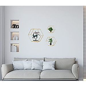 ZUIDSYI Wall Mounted Hexagon Floating Shelves, Metal Framed Gold Shelf with Wooden Wall Floor Storage Shelves, Modern Wall Decor for Living Room, Bedroom, Kitchen, Office, Set of 3 Size