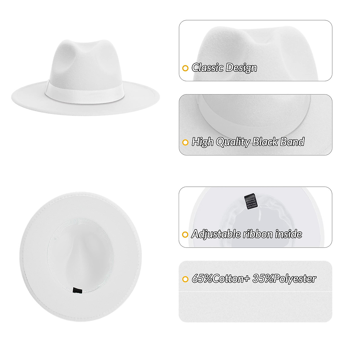 KUJUHA Fedora Hats for Mens/Womens Felt FedoraHats Two Tone Wide Brim Fedora Hats Rancher Hat White