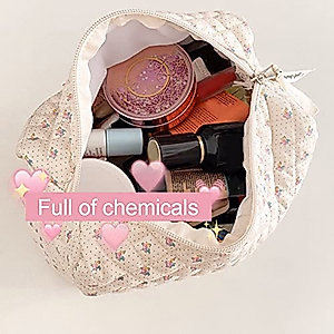 Lushandy Kawaii Floral Makeup Bag Coquette Aesthetic Cosmetic Bag Large Travel Makeup Organizer Cute Pouch Cotton Quilted Toiletry Bag