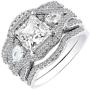 AONEW Women Engagement Wedding Ring Set White Gold 3pcs Princess White Cz Size 5-12 Size 9