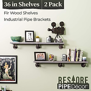 Industrial Pipe Wooden Shelves Restore by Pipe DÉCOR Premium Douglas Fir Wood Shelving 36 Inch Length Set of 2 Boards and 6 L Brackets Riverstone Grey Finish