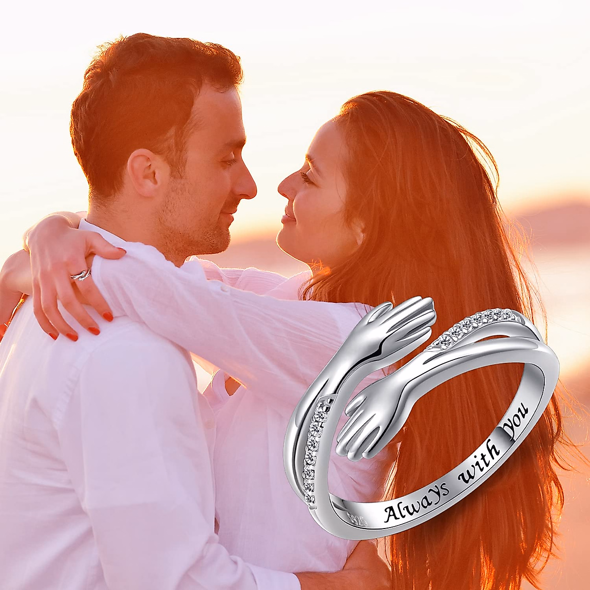 Hug Ring, S925 Sterling Silver Hugging Hands CZ Open Ring Engraved Always with You Embrace Statement Promise Anniversary Ring