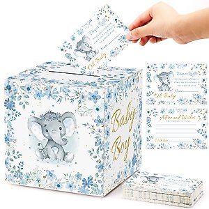 50 Pcs Elephant Diaper Raffle Tickets with Baby Shower Holder Box Baby Party Decorations Diaper Raffle Box Baby Shower Card Elephant Game Insert Card for Baby Boy Party Diaper Raffle Game Baby Shower
