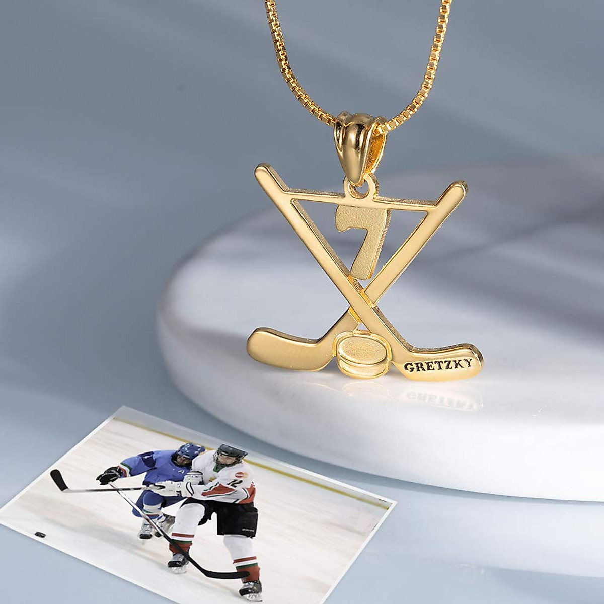AILIN 925 Sterling Silver Custom Hockey Necklace With Lucky Number and Name Personalized Engraving Pendant Ice Hockey Sticks Sports Chain Charm Athletic Jewelry Gifts For Men Son Women