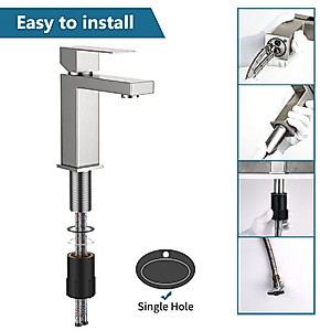 Modern Bathroom Faucet, Kamoson Single Hole Bathroom Sink Brushed Nickel Stainless Steel Fashion Square Faucet Safe Water Supply, Vanity Basin Mixer Tap with Deck Mount