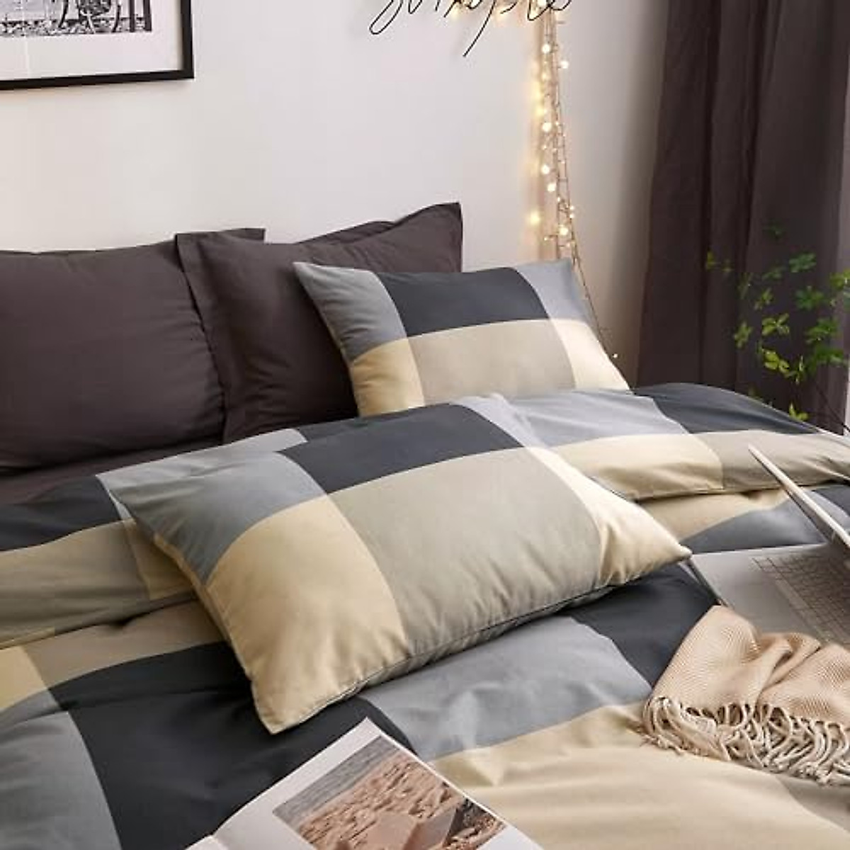 VClife Cotton Duvet Cover Queen, Modern Beige Black Grey Grid Printed Bedding Sets, 3 PCS Simple Queen Size Geometric Duvet Cover for All Season, Zipper Closure & Corner Ties, Easy Care, Breathable