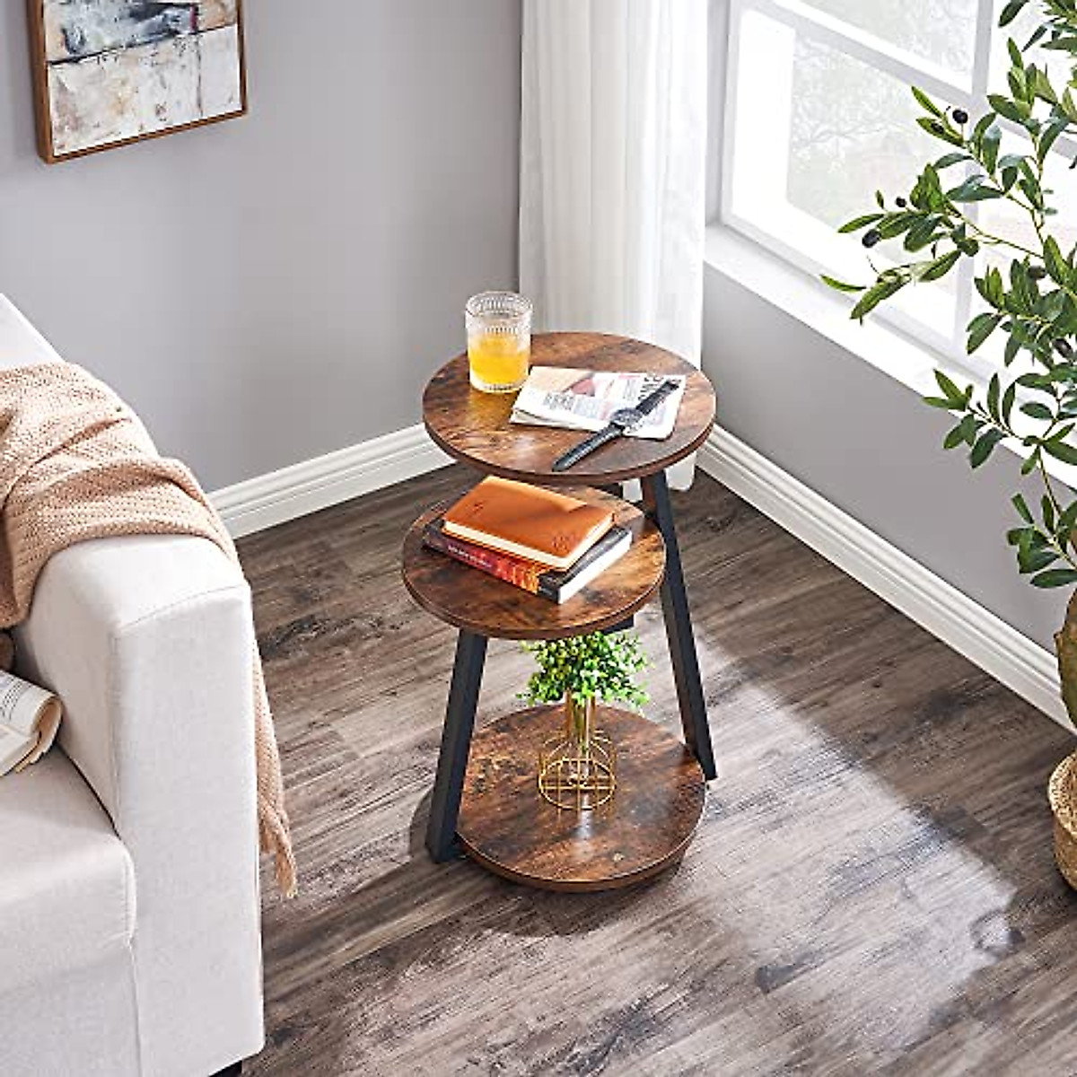 BEWISHOME Round End Table Side Table with Metal Frame, Accent Table Nightstand Bedside Table with 3-Tier Shelves, Small Table for Living Room Bedroom Couch Table Patent ID29897359 Rustic Brown KTZ41Z