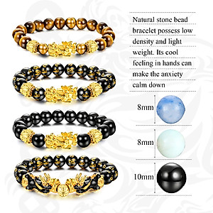 sailimue 6 Pcs Feng Shui Pixiu Good Luck Bracelets for Men Women Natural Stone Tiger Eye Bead Bracelet Pi Yao Chinese Dragon Charm Adjustable Feng Shui Black Obsidian Wealth Bracelet Set