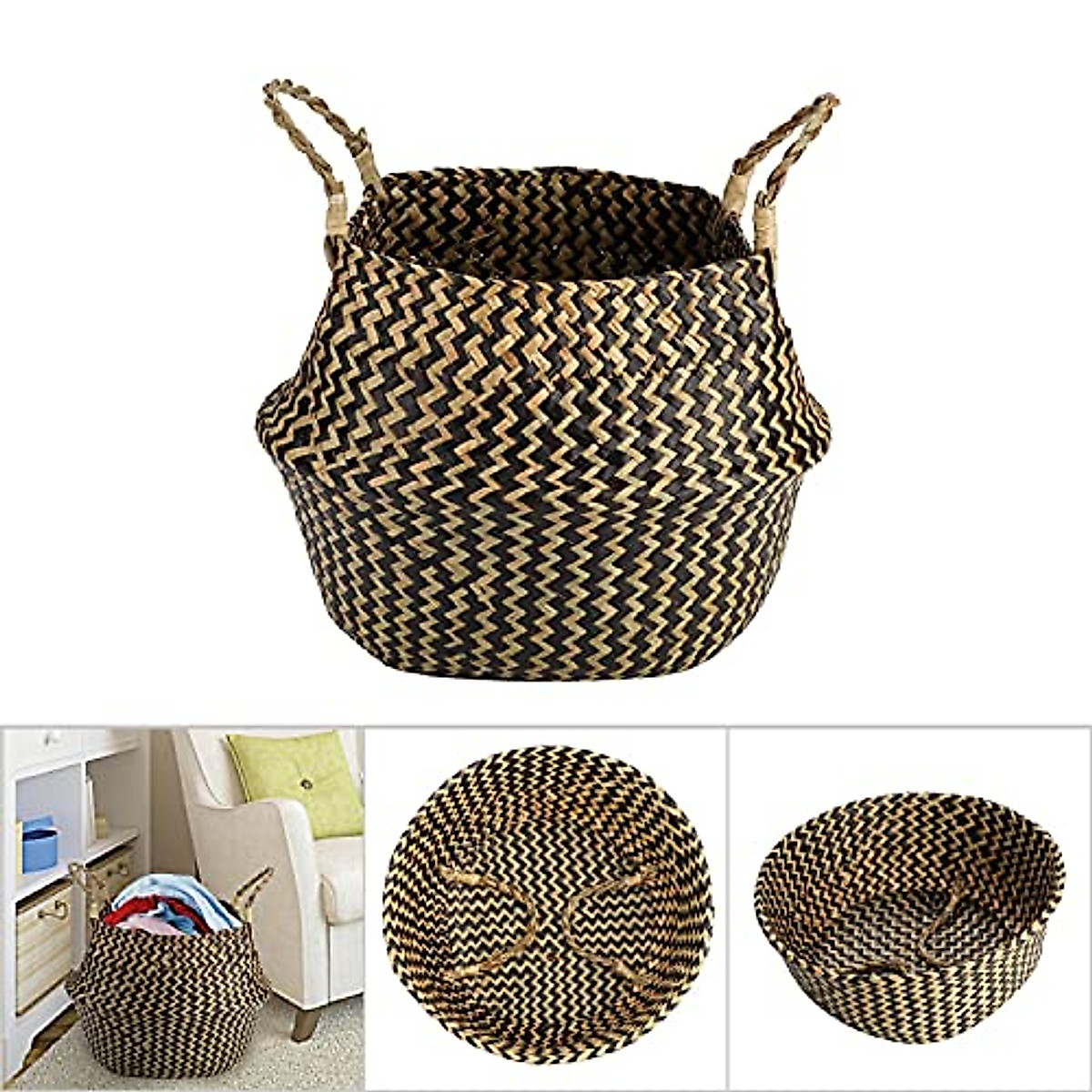 Foldable Storage Basket, Natural Seagrass Woven Storage Basket Clothes Organizer Plant Flower Pot for Bedroom, Living Room, Kids Room(Black (wave pattern))