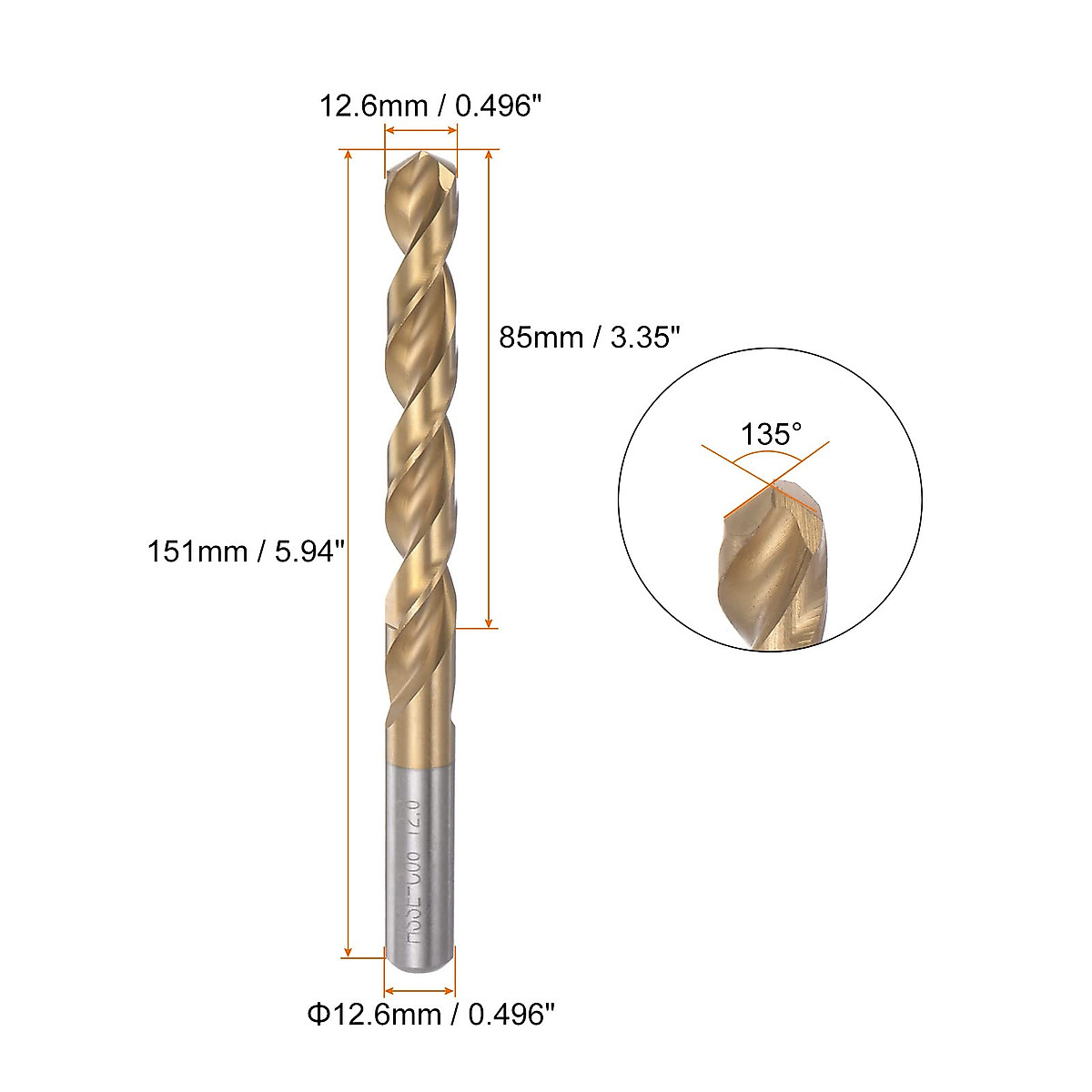 HARFINGTON Twist Drill Bit 12.6mm Titanium Coated (HSS-E) M42 High Speed Steel 8% Cobalt Straight Shank for Stainless Steel Aluminum Alloy Metal